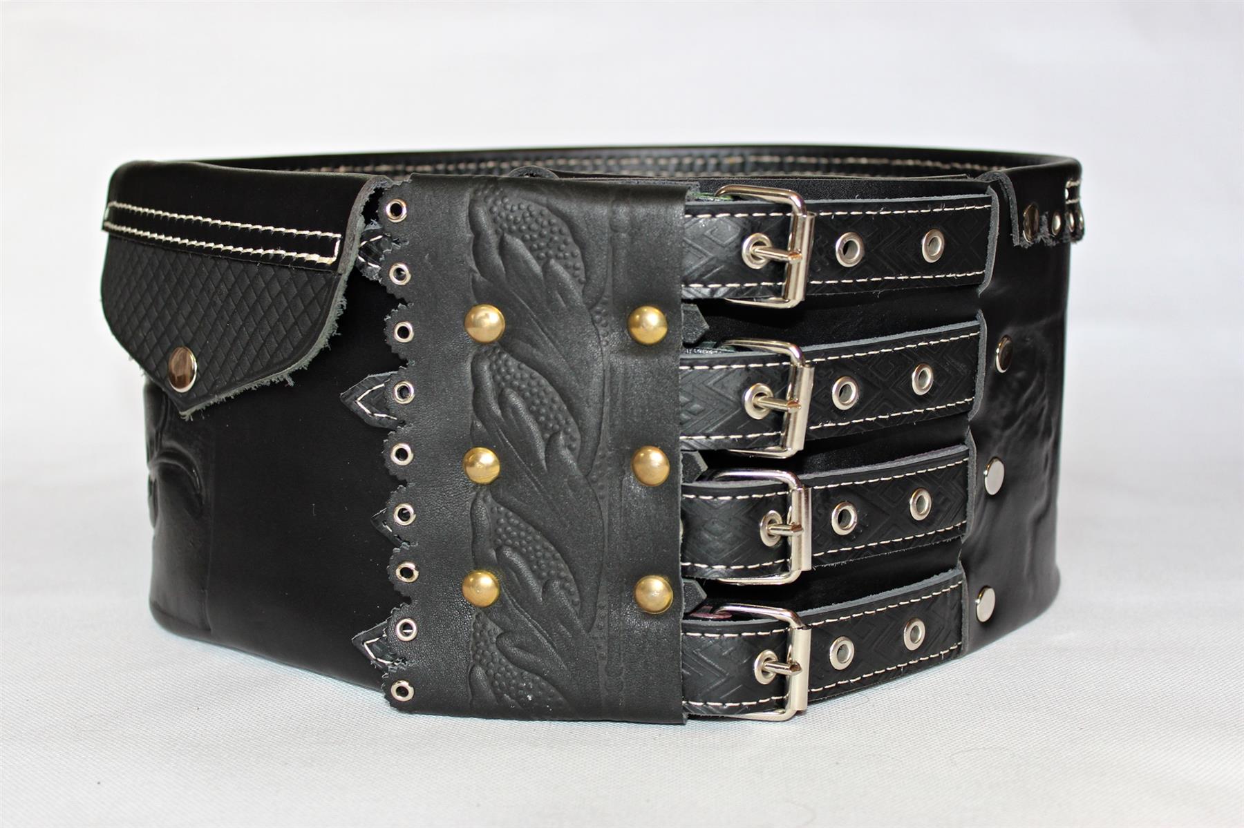 Chimir din piele neagra pe 4 catarame lupul dacic calitate Superioara